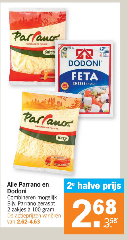 Parrano geraspte kaas, feta folder aanbieding bij Albert Heijn - details
