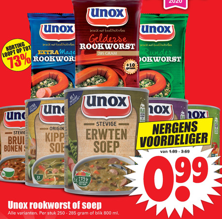 Unox rookworst, soep folder aanbieding bij Dirk - details