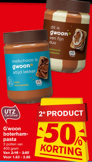 Gwoon hazelnootpasta folder aanbieding bij Hoogvliet - details