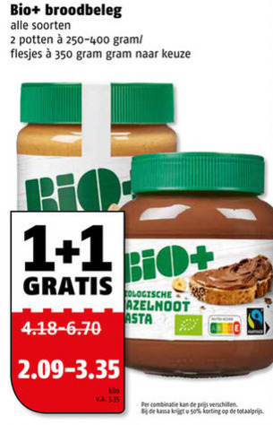 Bio Plus pindakaas, hazelnootpasta folder aanbieding bij Poiesz - details