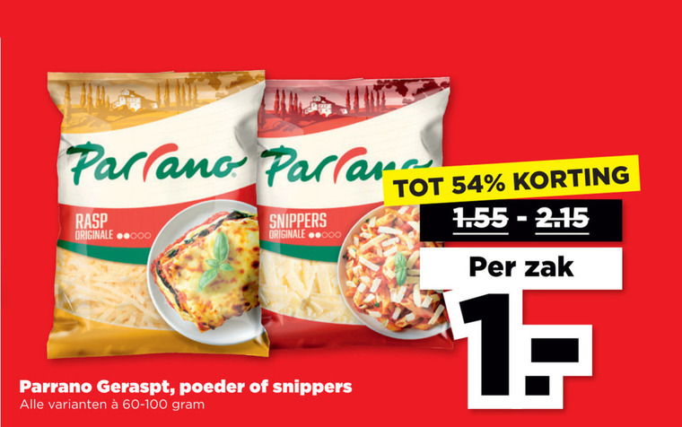 Parrano geraspte kaas folder aanbieding bij Plus - details