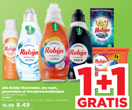 Robijn droogtrommeldoekjes, wasverzachter folder aanbieding bij Plus - details