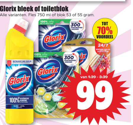 Glorix bleekmiddel, toiletblok folder aanbieding bij Dirk - details