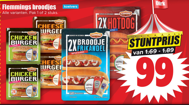 Flemmings frikandelbroodjes, broodje hotdog folder aanbieding bij Dirk ...