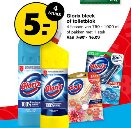 Glorix toiletblok, bleekmiddel folder aanbieding bij Hoogvliet - details